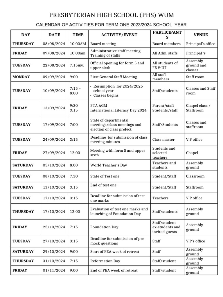 Presbyterian High School PHS Wum Calendar of Activitries | PDF