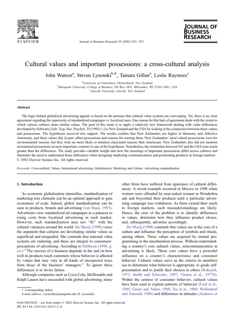 Cultural Values and Important Possessions Crosscultural Analysis | PDF
