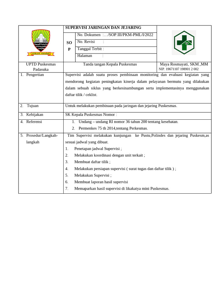 Sop Supervisi Jaringan Dan Jejaring | PDF