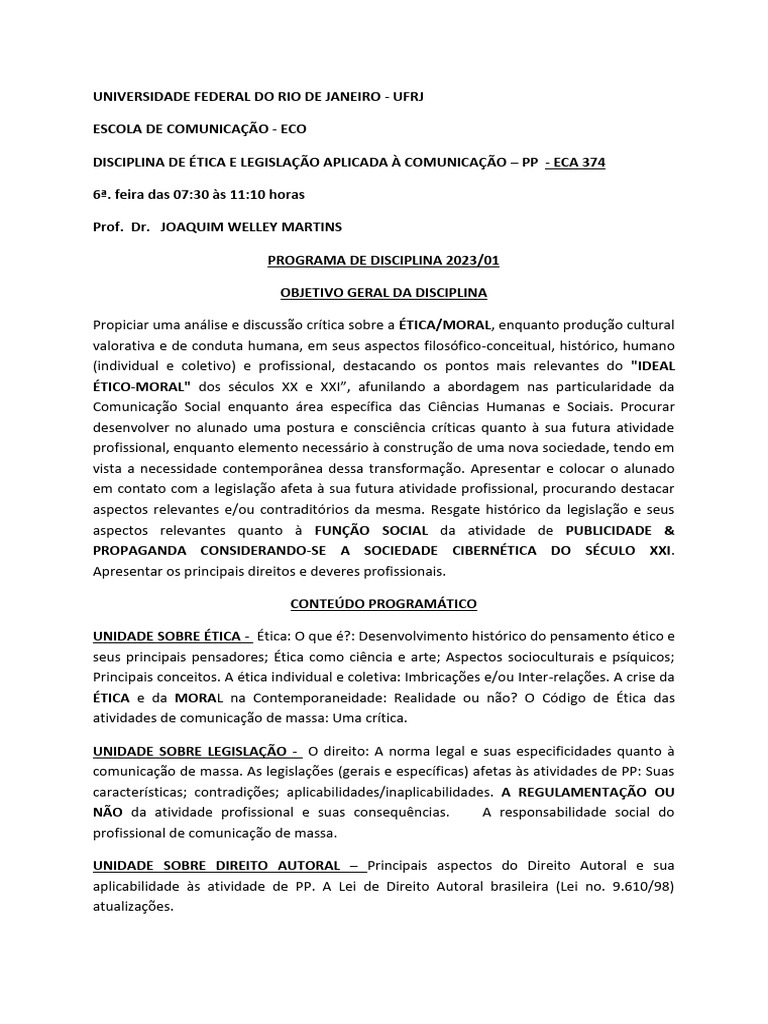 Programa Da Disciplina - PP - 2023-01 | PDF