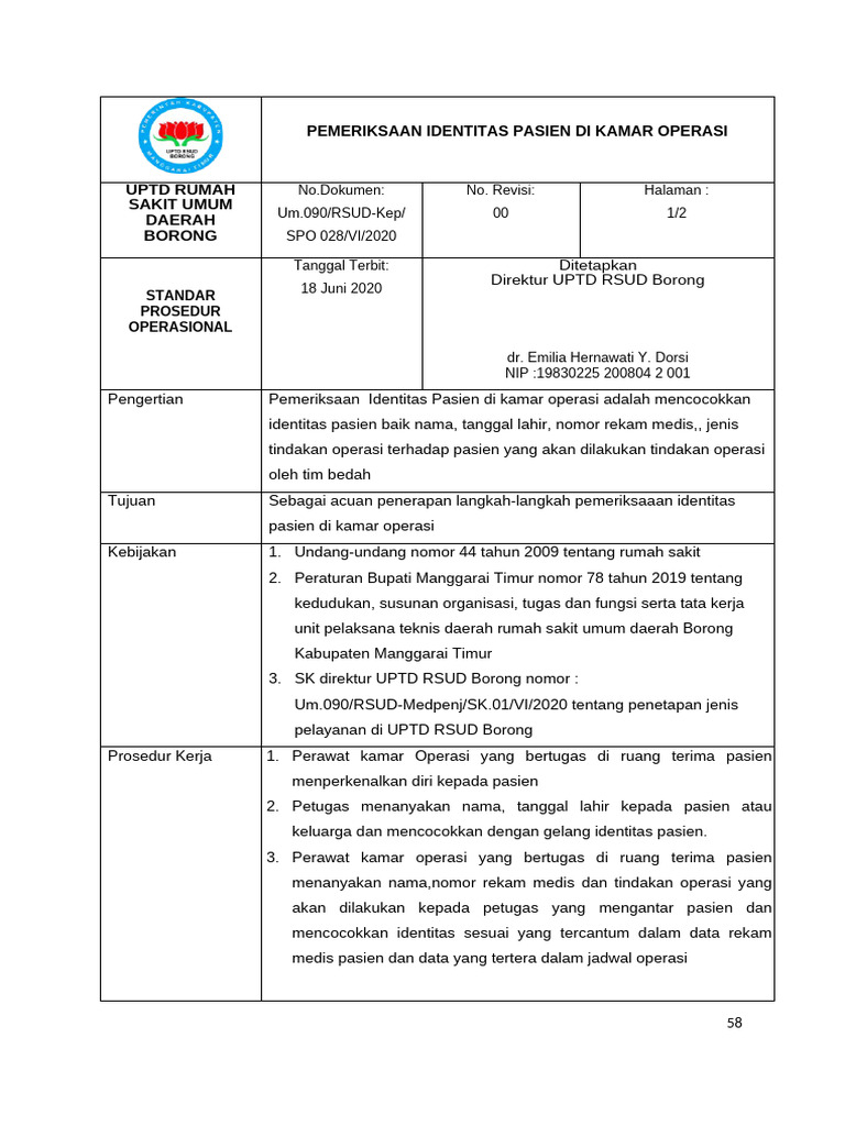 028 SOP Pemeriksaan Identitas Pasien Di Kamar Operasi | PDF