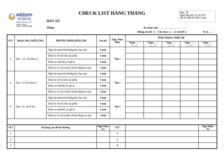 BM-KT-002-Cơ Khí Checklist Hàng Tháng | PDF