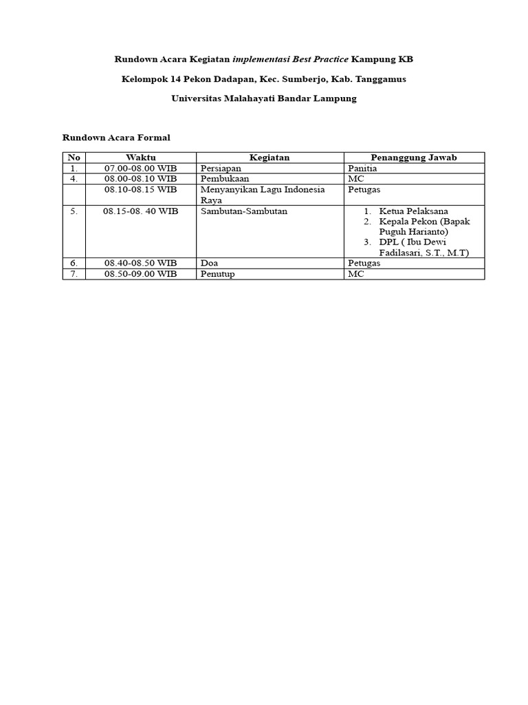 Rundown Acara Kegiatan Implementasi Best Practice Kampung KB | PDF