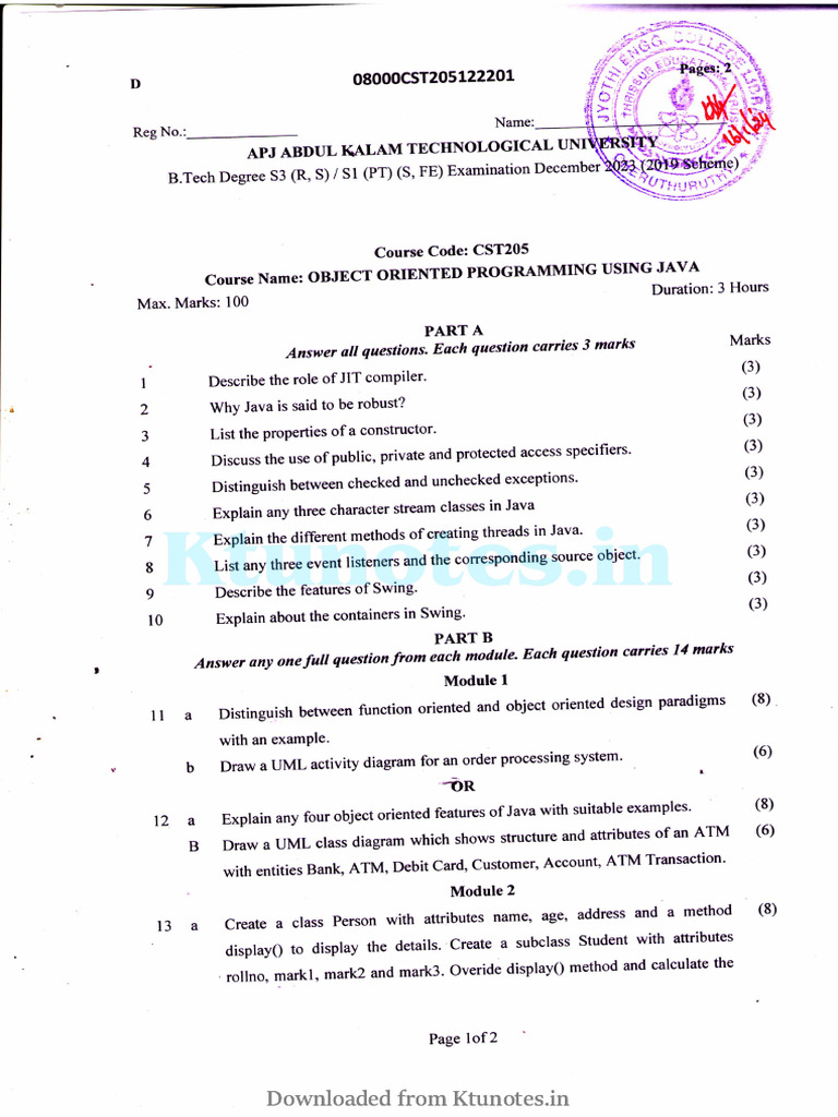 CST205 Object Oriented Programming Using Java, December 2023 | PDF