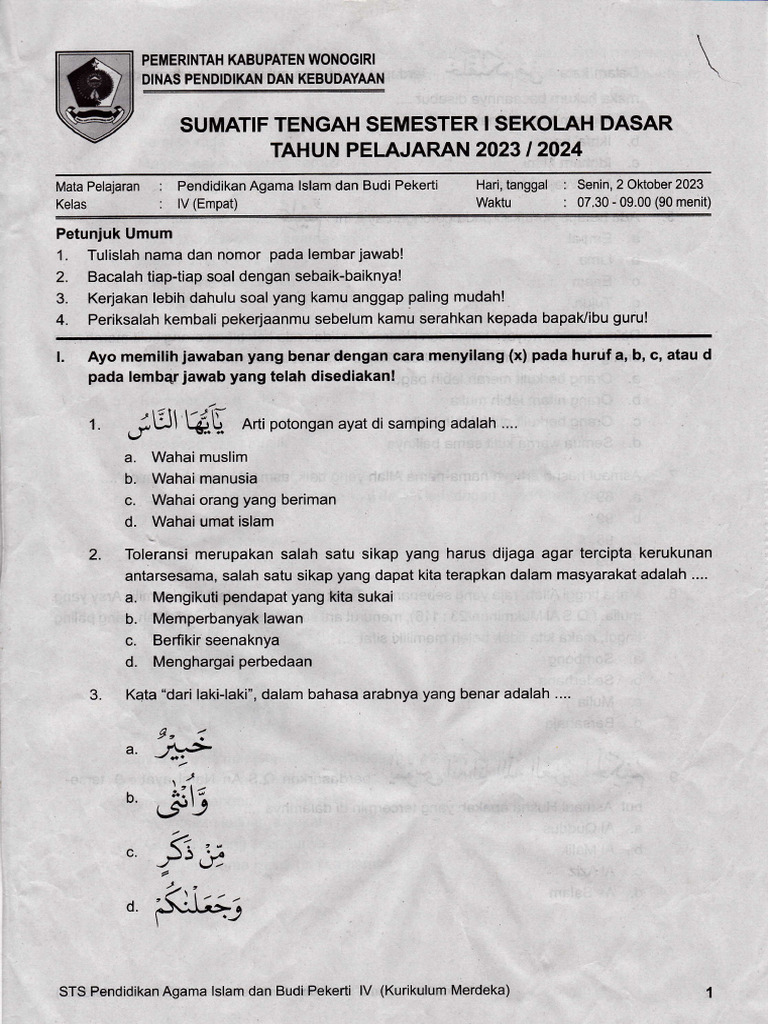 Psts I - TP 2023-2024 - Kls.4 - Pai BP | PDF | Semitic Words And Phrases