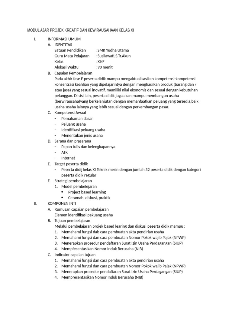 Modul Ajar Projek Kreatif Dan Kewirausahaan Kelas Xi | PDF