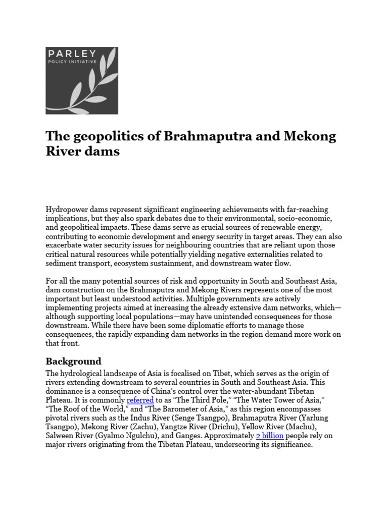 The Geopolitics of Brahmaputra and Mekong River Dams | PDF
