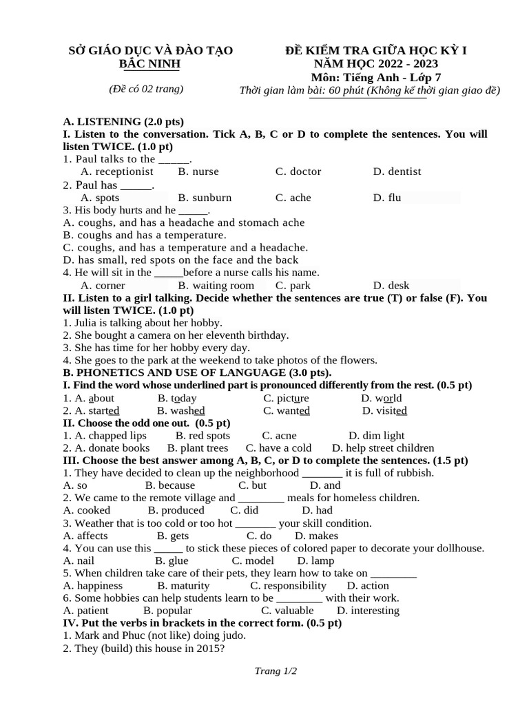 De Anh 7 GK1 2022-2023 A514c | PDF