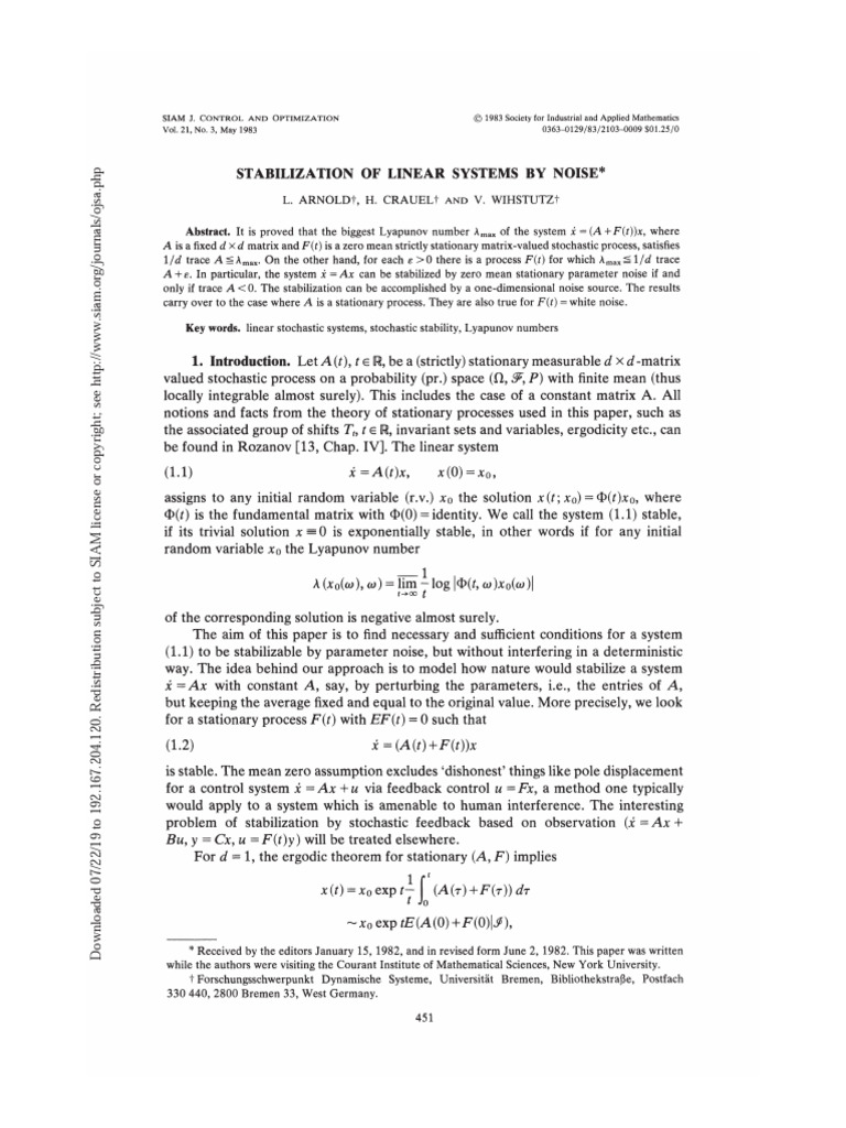 Arnold L - Stabilization of Linear Systems by Noise | PDF