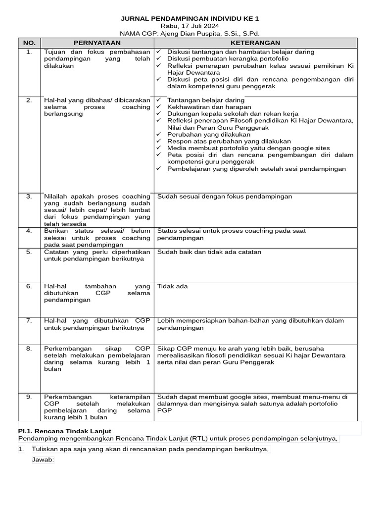 Jurnal PI Dan RTL PI 1 - AJENG DIAN PUSPITA | PDF