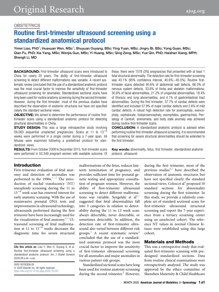 Routine first-trimester ultrasound screening using a standardized anatomical protocol | PDF