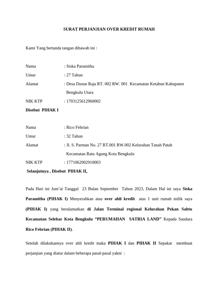 Contoh Surat Perjanjian Take Over | PDF