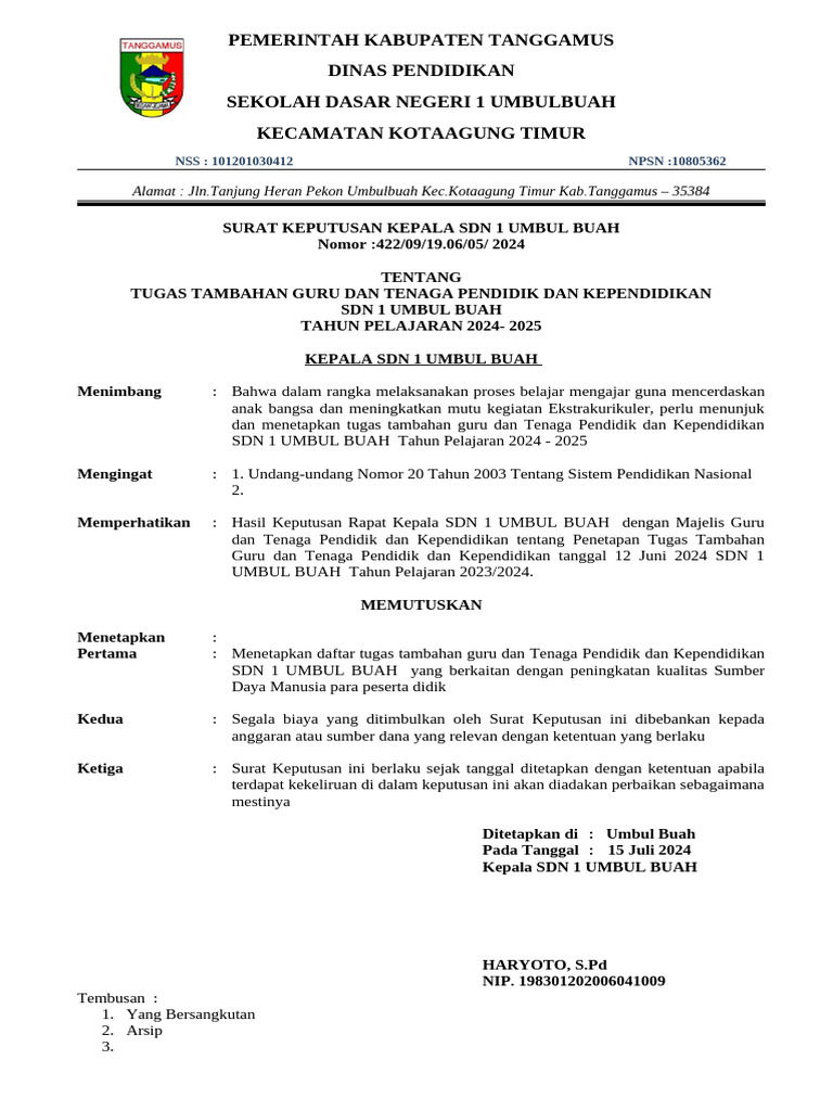 SK Tugas Tambahan Guru | PDF