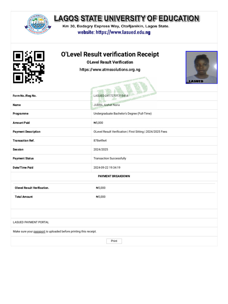 O'Level Result Verification - LASUED Payment Receipt | PDF