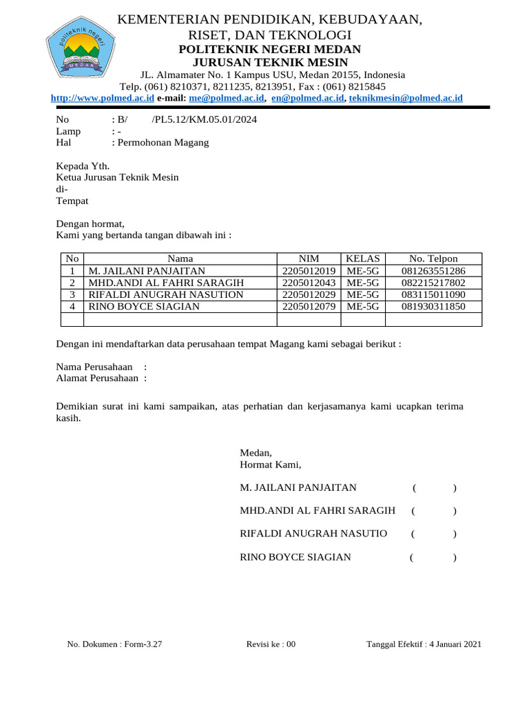 From Pengajuan Tempat Magang Pdf