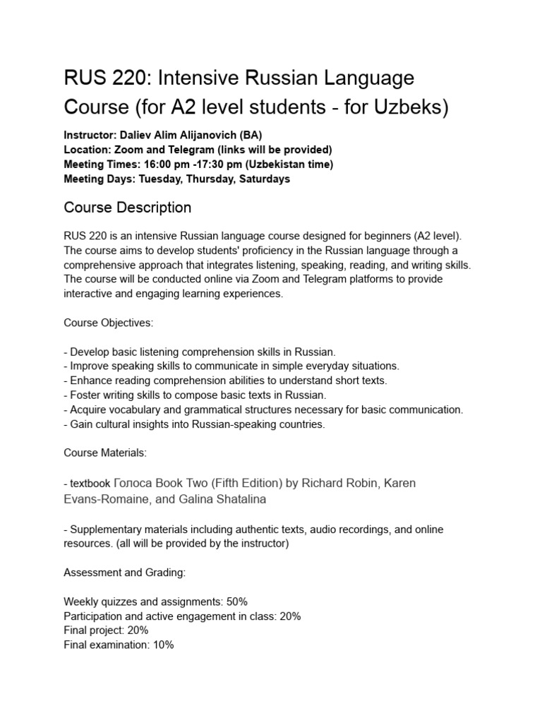 RUS 220 Intensive Russian Language Course A2 For Uzbek Students | PDF