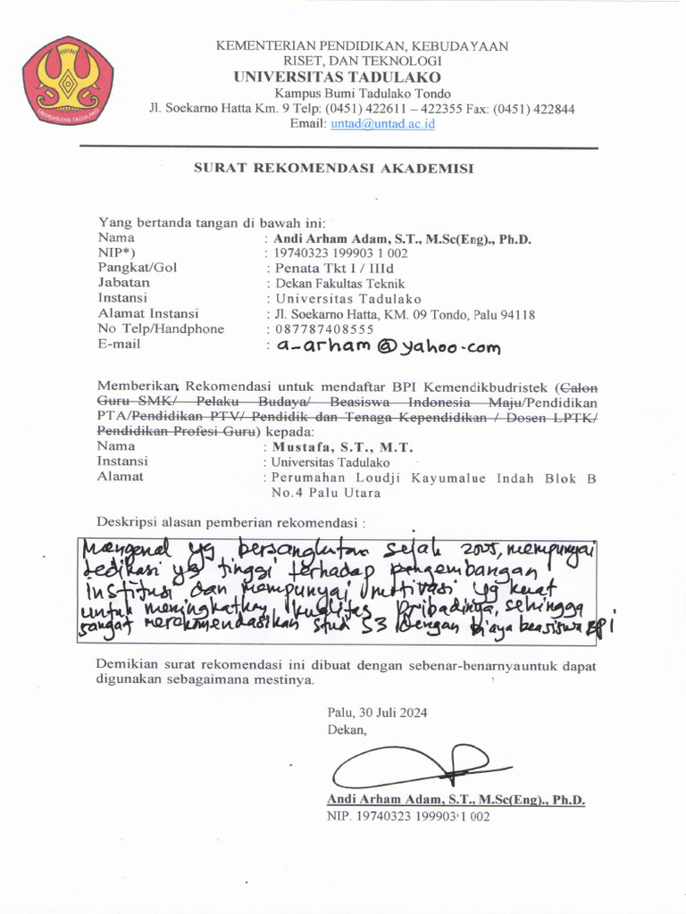 Surat Rekomendasi Akademisi Dekan | PDF