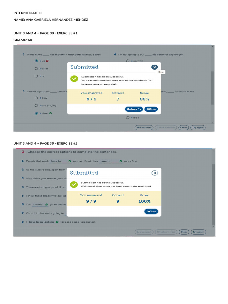 Unit 3&4 - Homeworkbook - Pages 38.39 - Exercise Gramas 1, 2 - Vocabulary 1, 2, 3, 4 ...