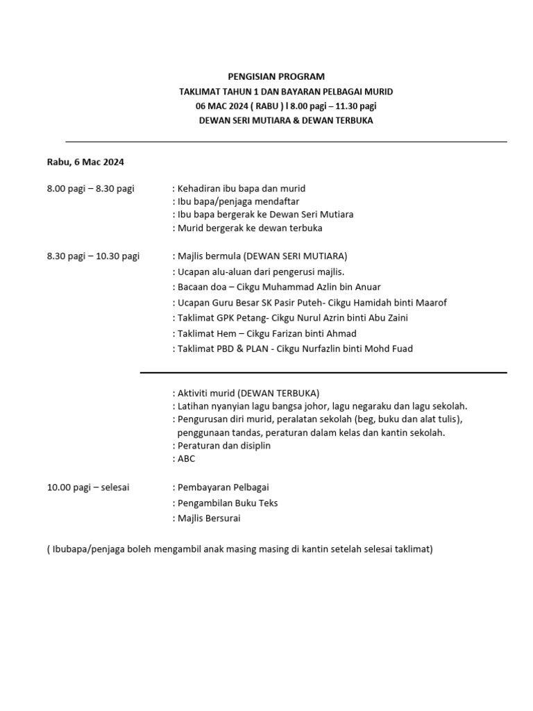 Tentatif Taklimat Tahun 1 2024 2025 | PDF