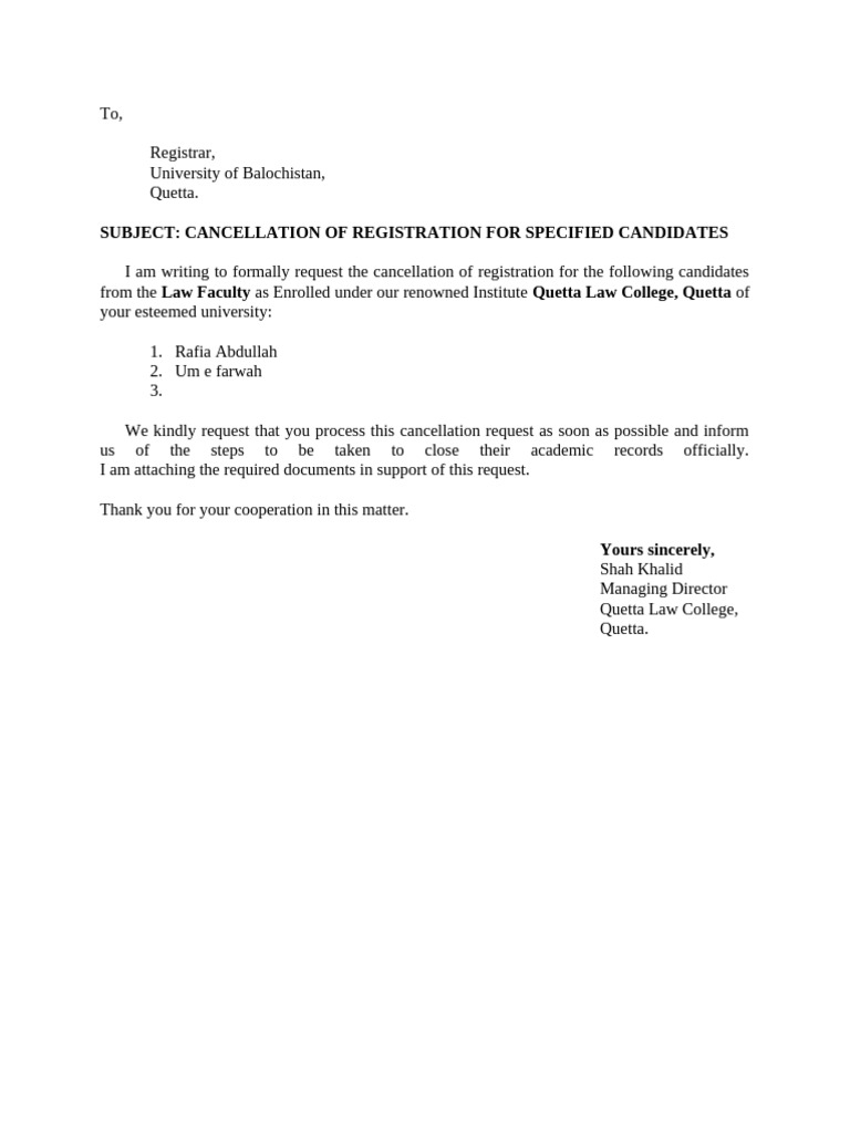 Cancelation Letter To Registrar UOB | PDF