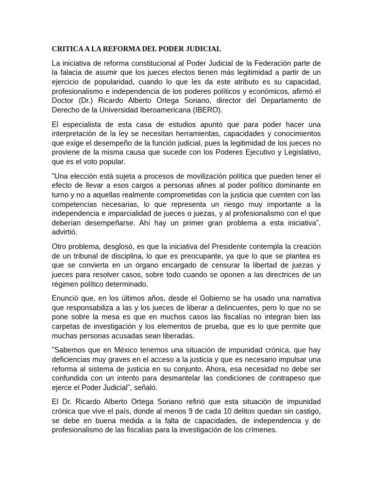 Critica A La Reforma Del Poder Judicial | PDF