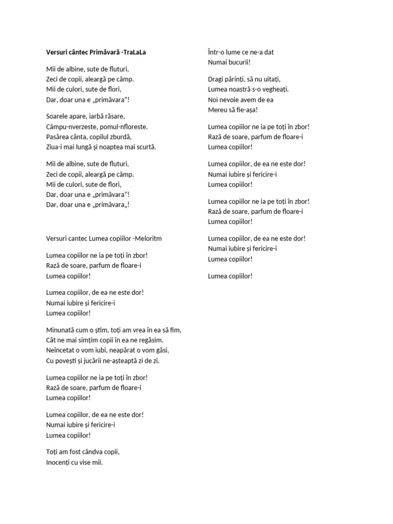 Versuri Cântec Primăvară | PDF
