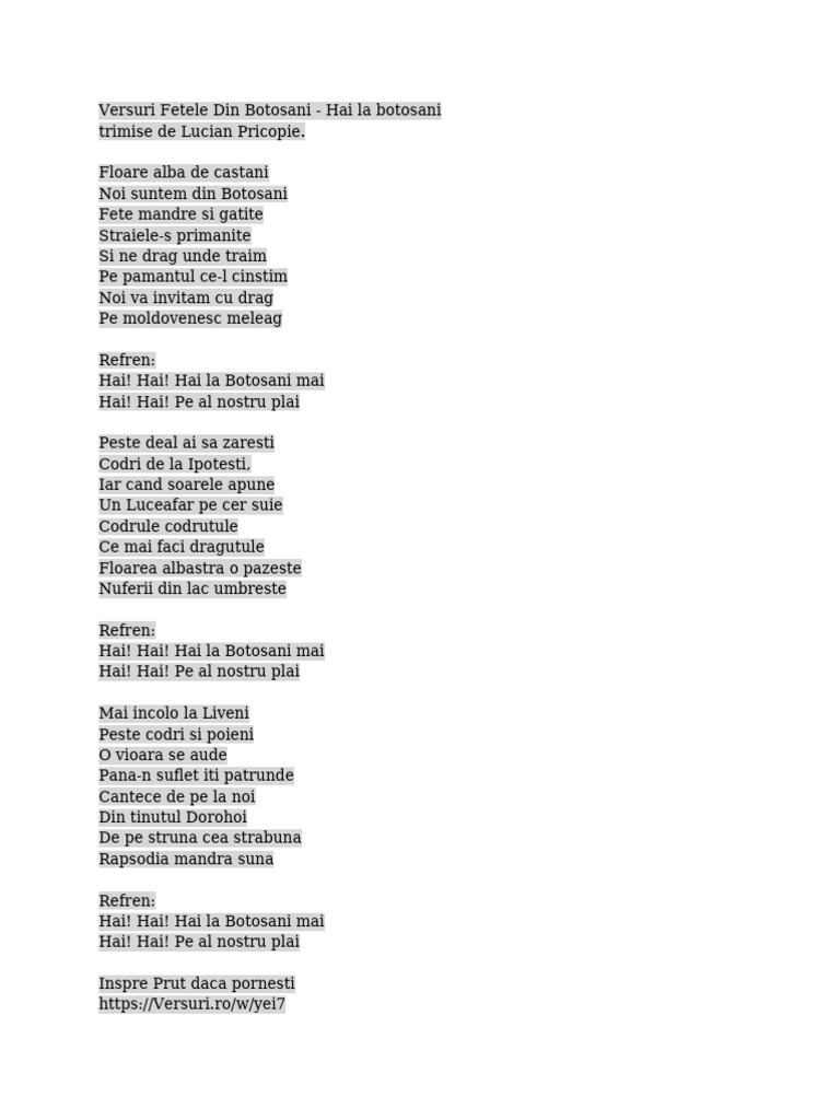 Versuri Fetele Din Botosani | PDF