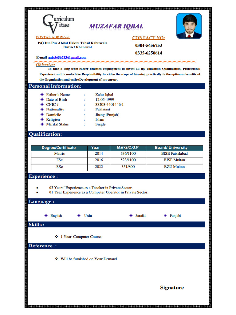 Muzafar Iqbal CV Resume | PDF