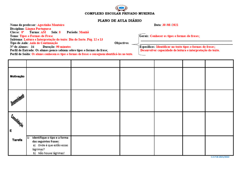PLANO DE AULA DIARIO | PDF