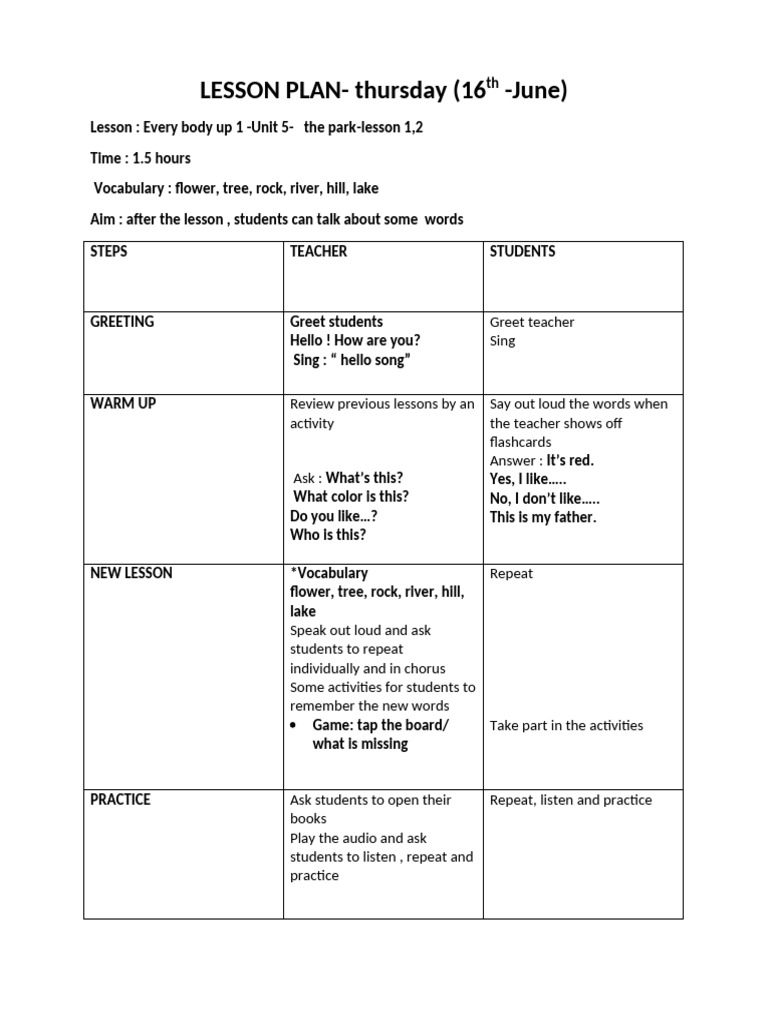 LESSON PLAN - Unit 5 - The Park-L1,2 | PDF