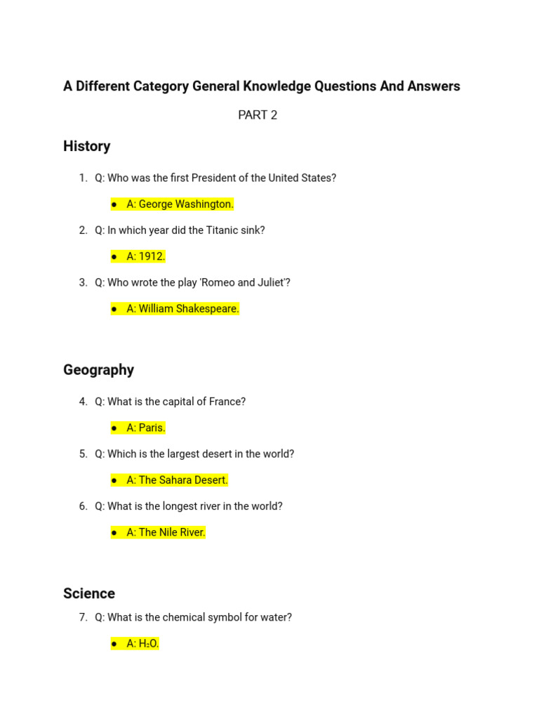 A Different Category General Knowledge Questions and Answers | PDF