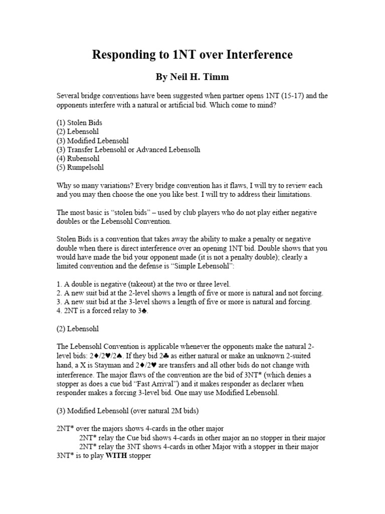 Bridge Conventions for 1NT Interference | PDF | Contract Bridge