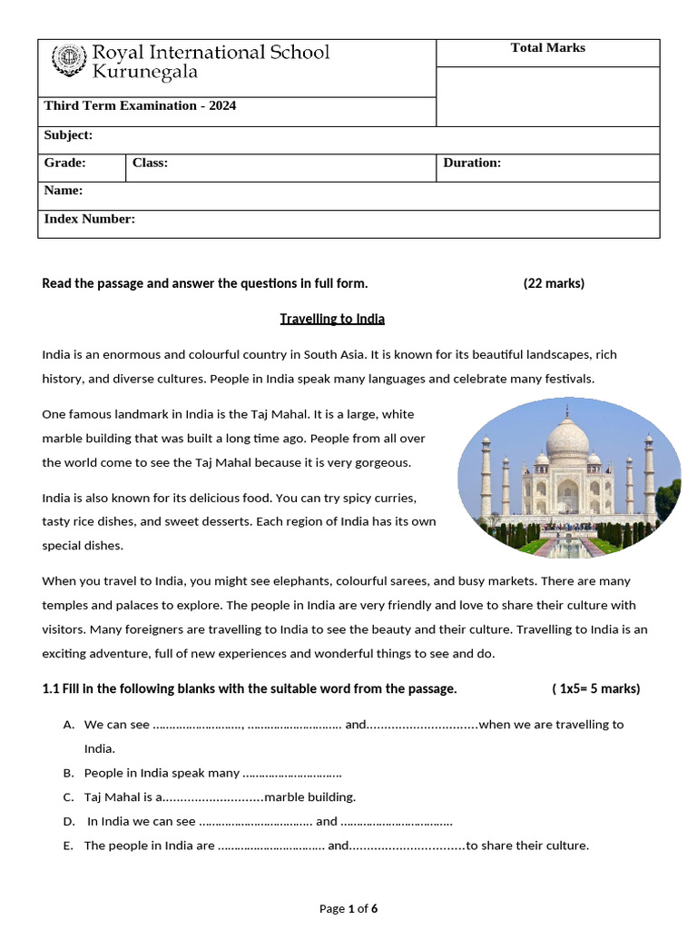 Term Test Paper Gr3 | PDF