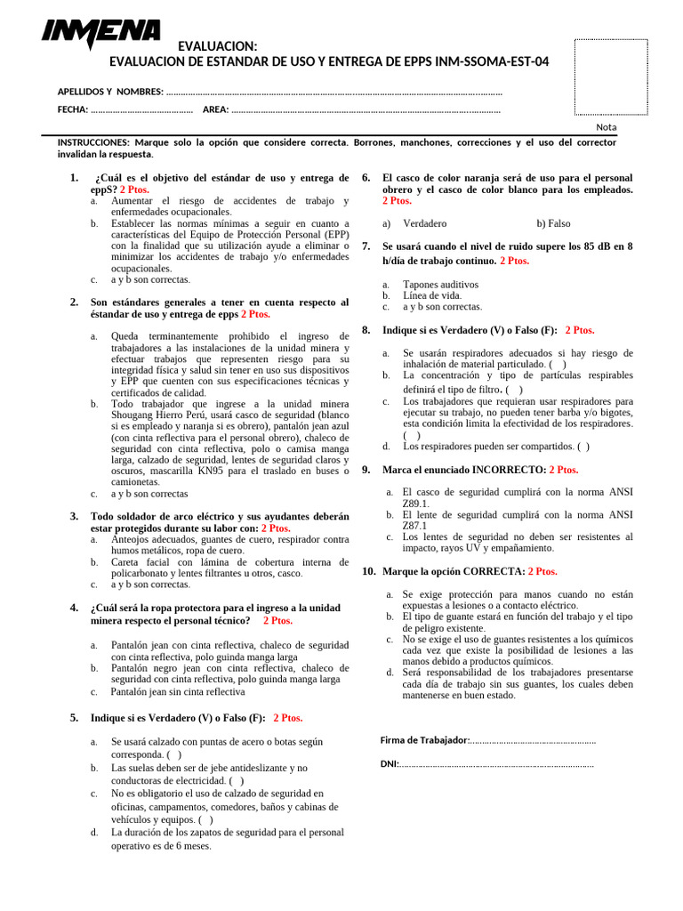 EXAMEN DE ESTANDAR DE USO DE EPPS (Autoguardado) | PDF