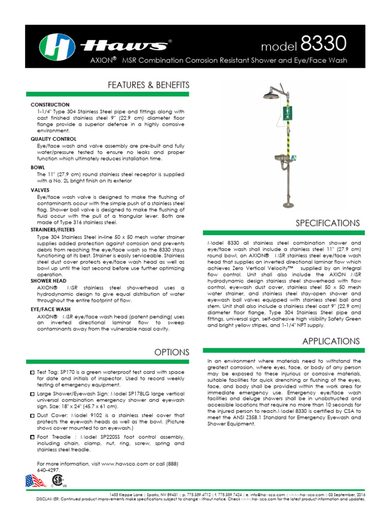 Haws 8330 Eyewash-specsheet PDF | PDF
