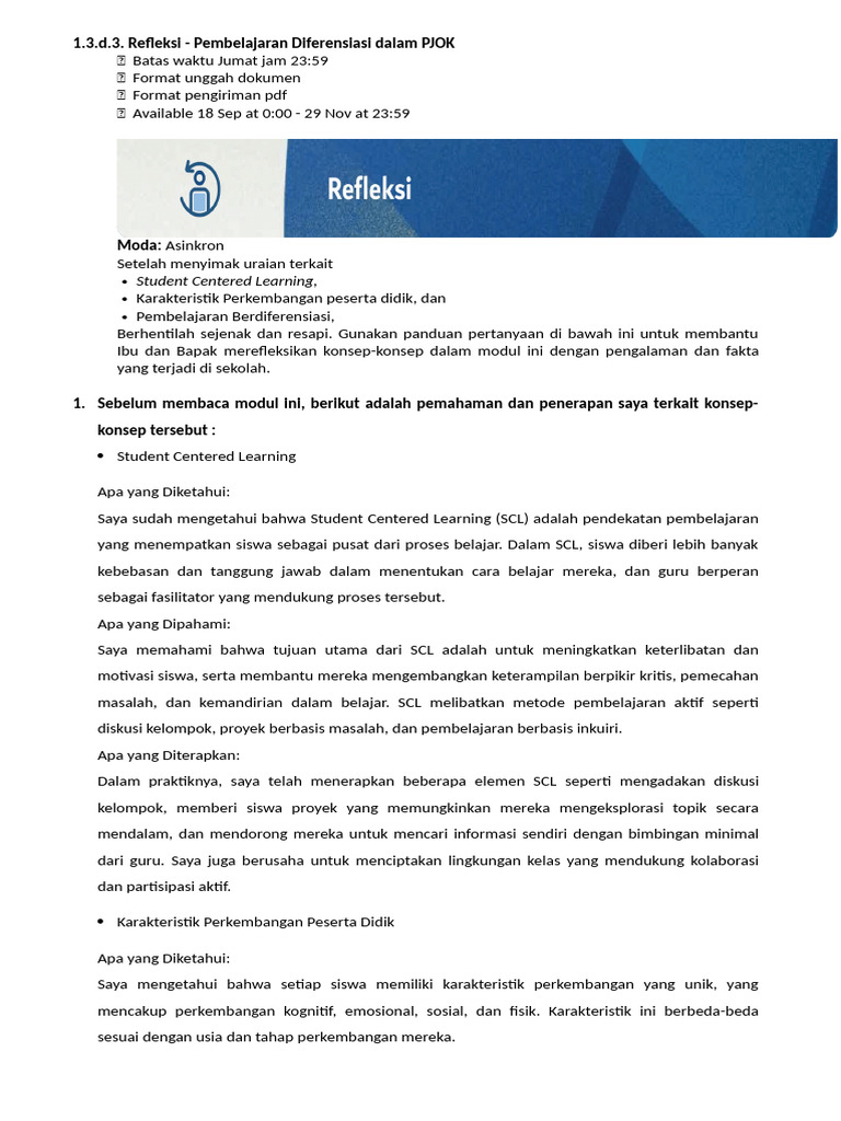 Student Centered Learning,: 1.3.d.3. Refleksi - Pembelajaran Diferensiasi Dalam PJOK | PDF