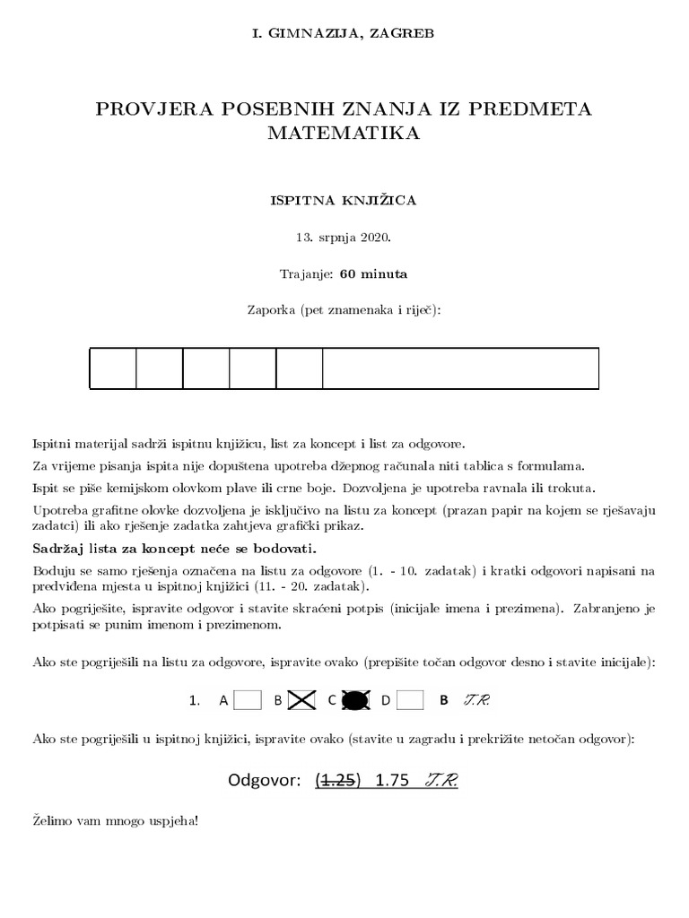 I. Gimnazija, Zagreb Provjera Posebnih Znanja Iz Predmeta Matematika 2020 | PDF