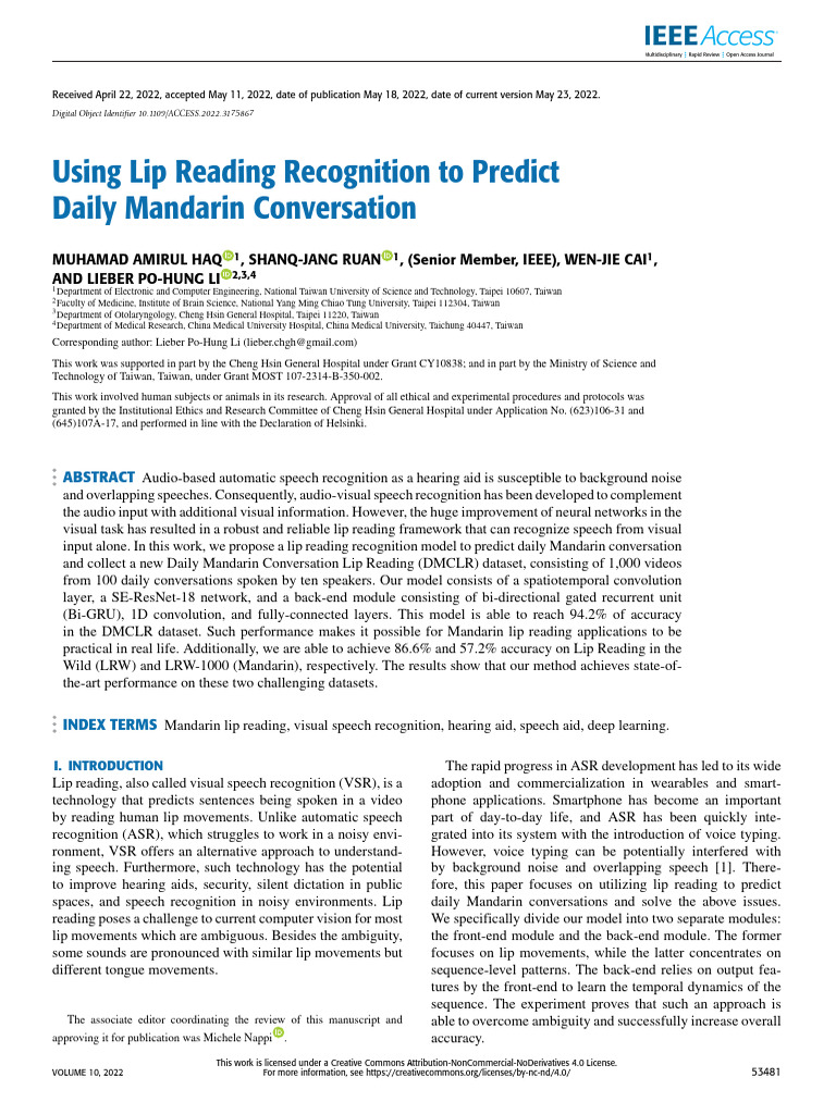 Using Lip Reading Recognition To Predict Daily Mandarin Conversation | PDF