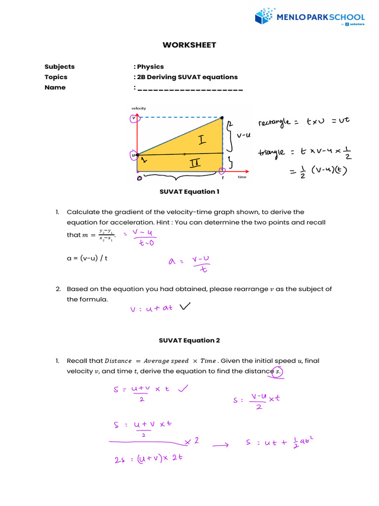 Worksheet 2B Deriving SUVAT Equations | PDF