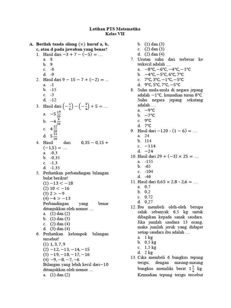 Latihan PTS Matematika Kelas VII | PDF