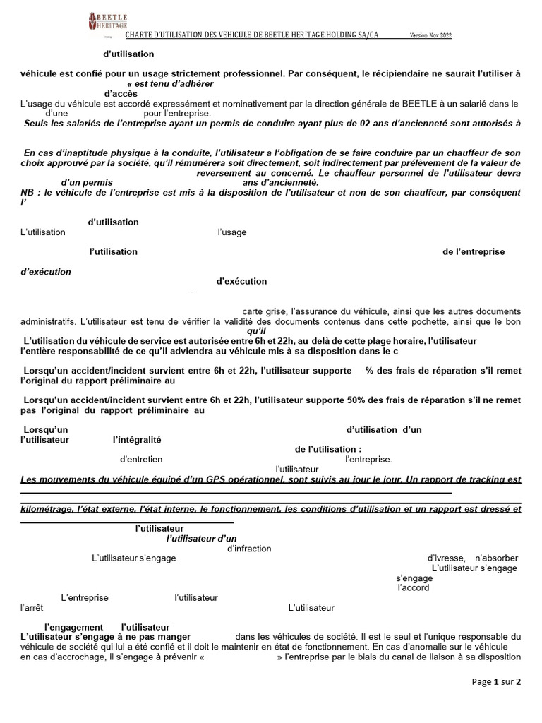 D - Charte D'utilisation Des Vehicules de Afd-Revue 15% - Decembre 2022 ...