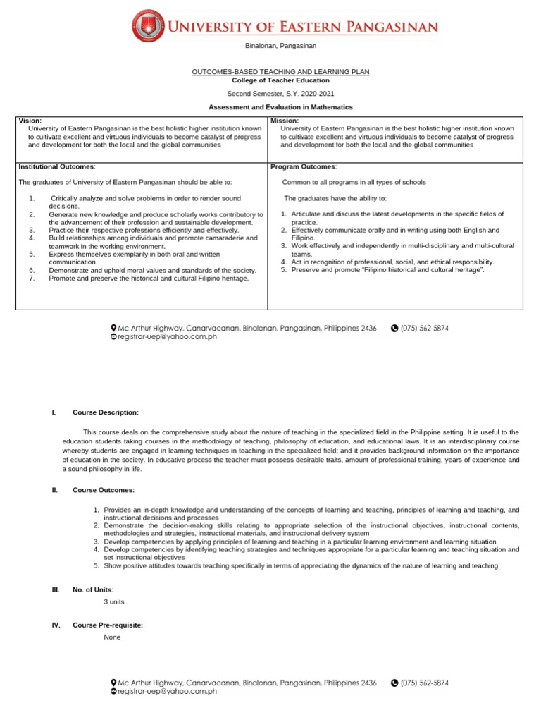 Syllabus in Assessment and Evaluation in Mathematics | PDF