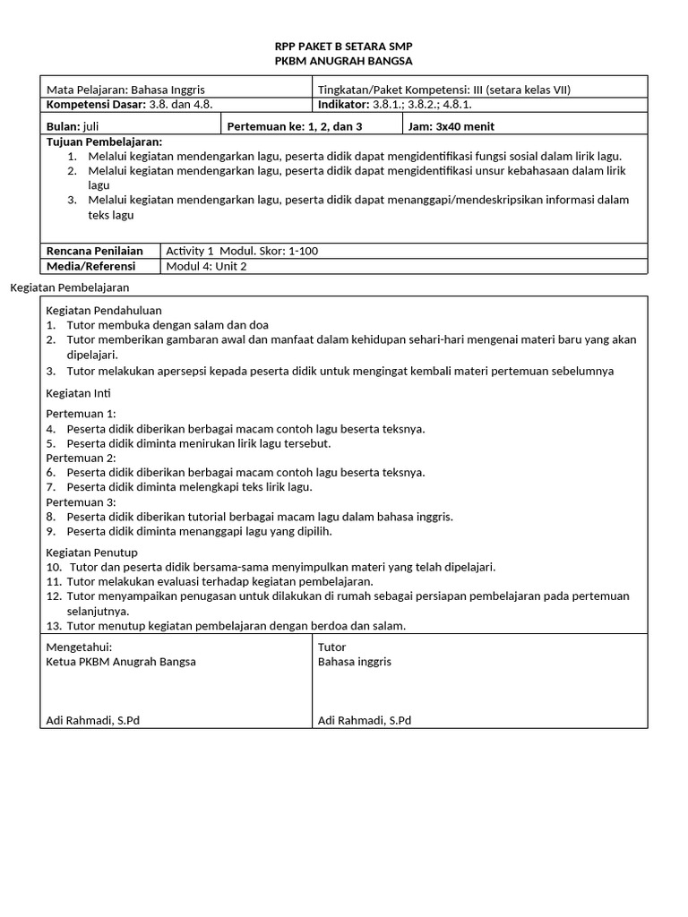 RPP PAKET B 7 B.Ing SETARA SMP | PDF