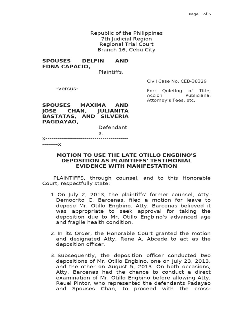 Motion to Use Deposition | PDF