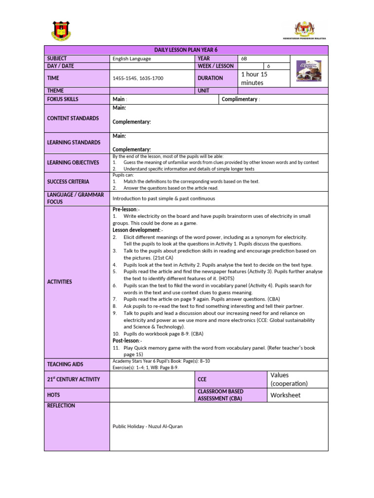 RPH BI YEAR 6 V2 (LP 6-16 Unit 1 It's An Emergency) | PDF