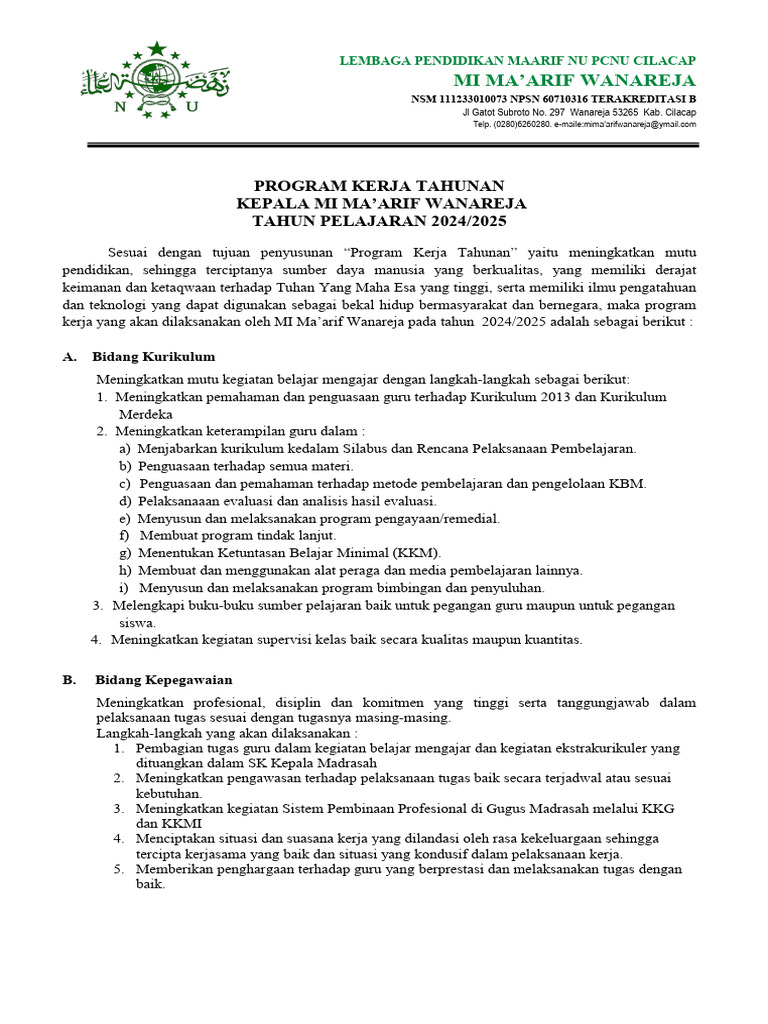 Program Kerja Tahunan Kepala Mi Ma'arif Wanareja | PDF