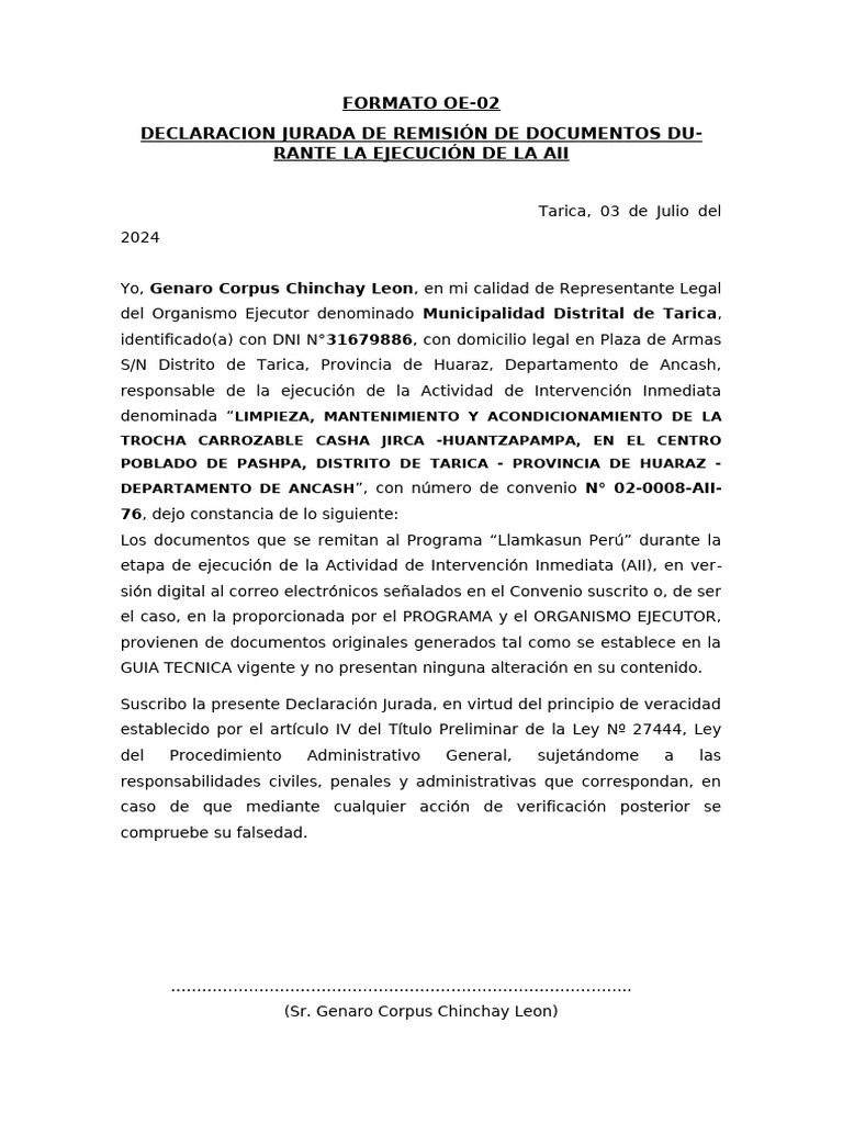 FORMATO OE 02 Taroica | PDF