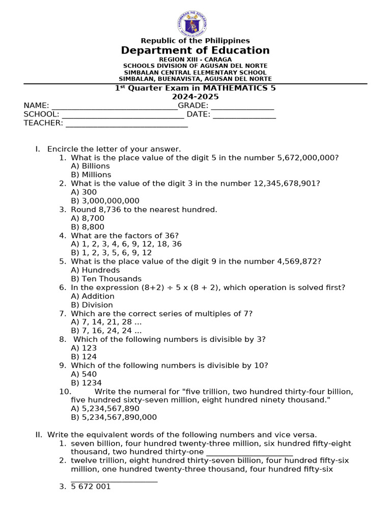 Quarter 1 Math 5 | PDF
