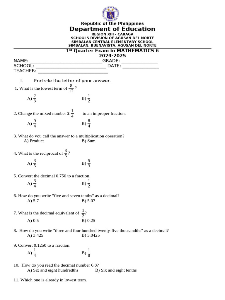 Quarter 1 Math 6 | PDF