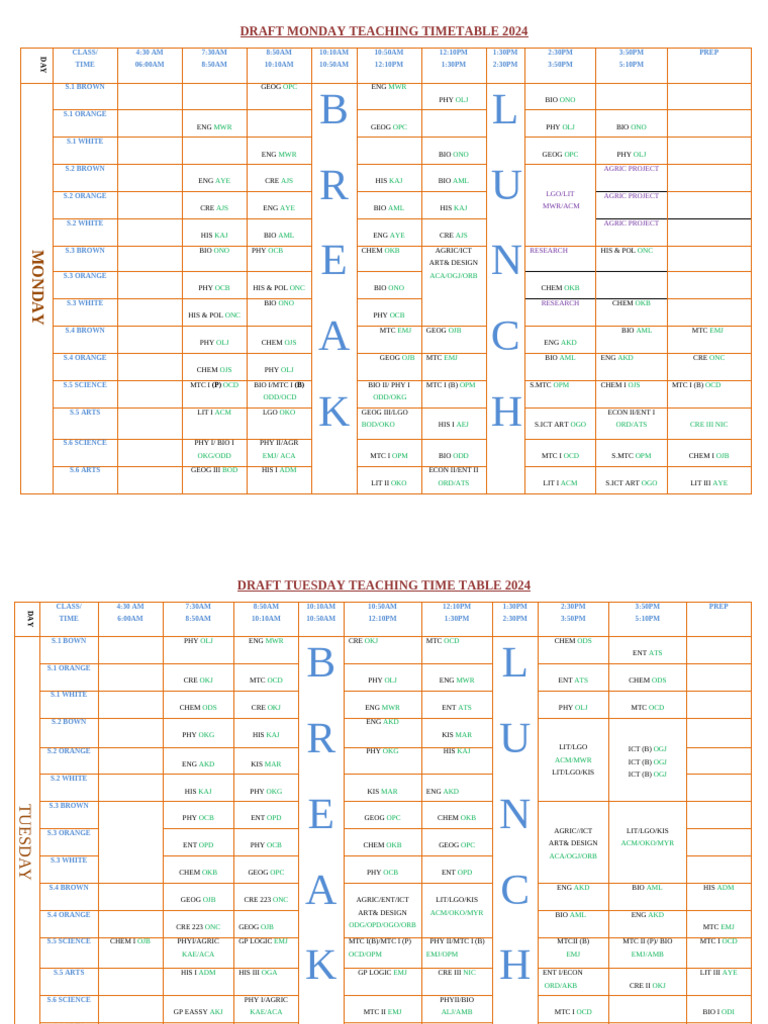 Teaching Timetable 2024 | PDF